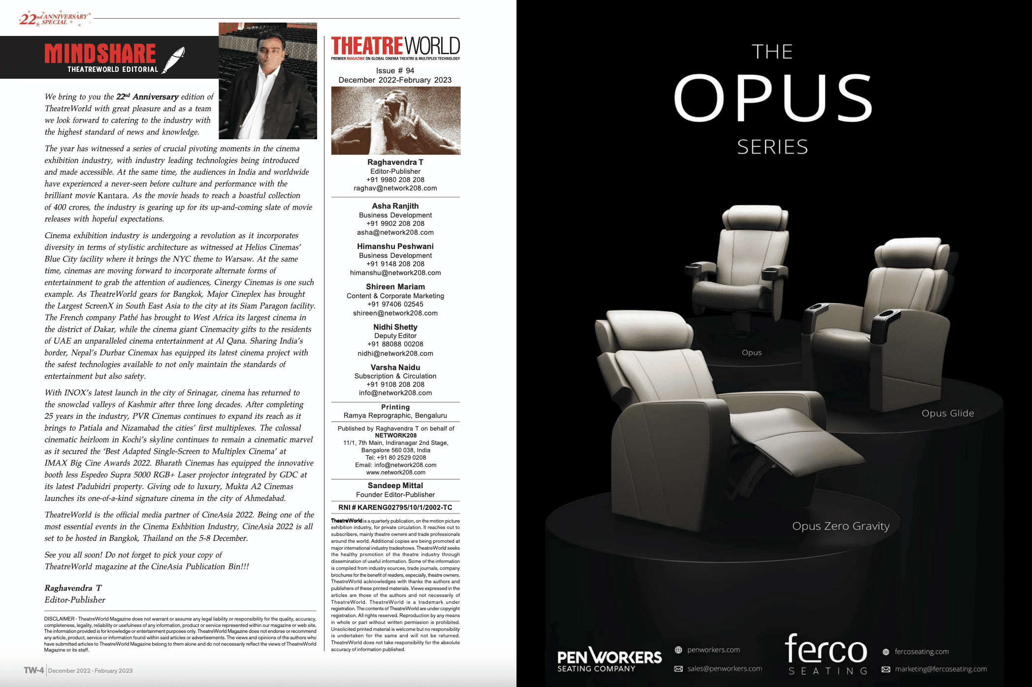 Ferco's Opus seat featured in Theatre World Magazine - Quinette Gallay